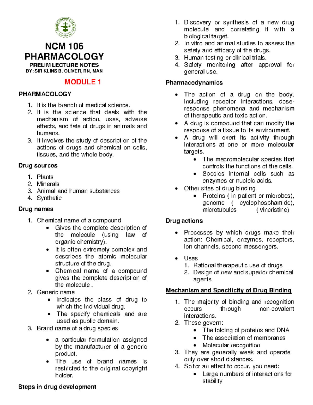 NCM 106 PHARMACOLOGY PRELIM LECTURE NOTES - MODULE 1 OVERVIEW - Studocu