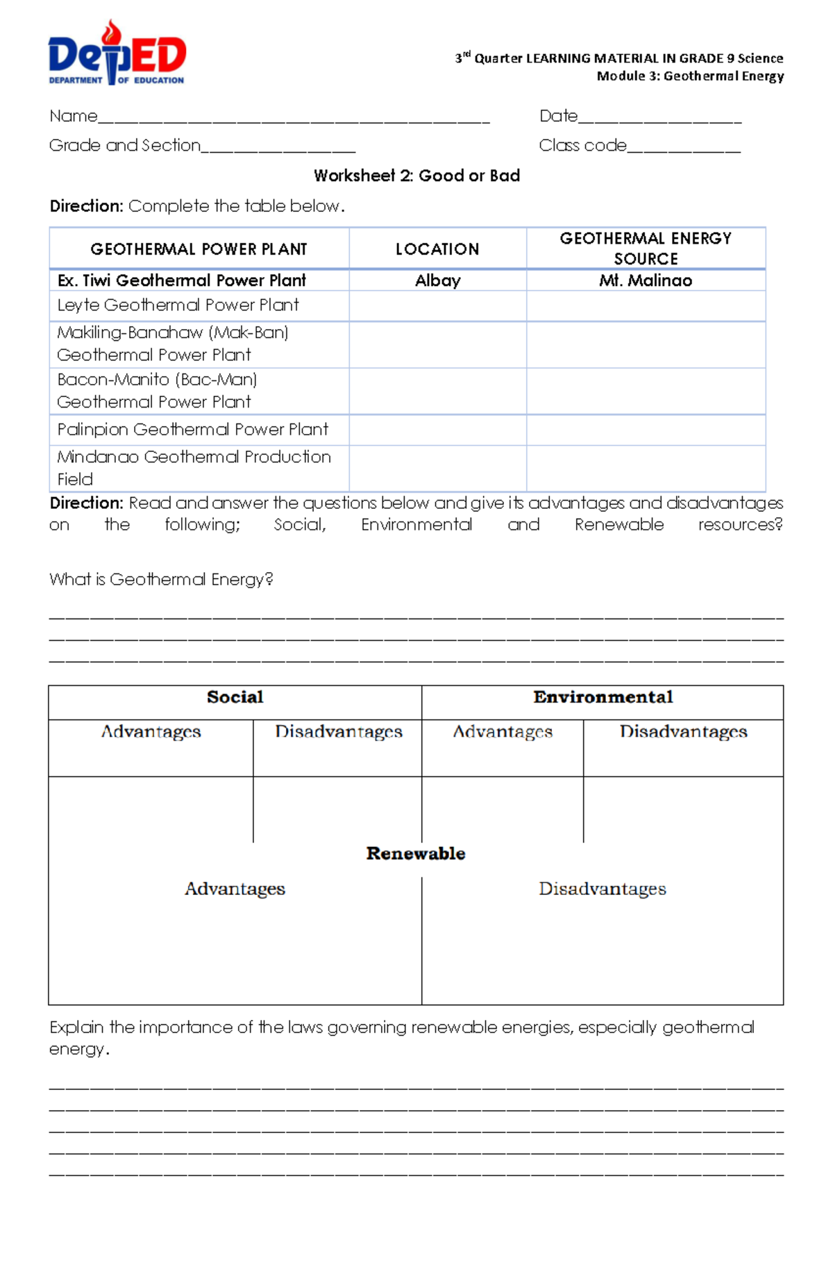 Q3 Worksheet 2 - Geothermal Powerplant - 3 rd Quarter LEARNING MATERIAL ...