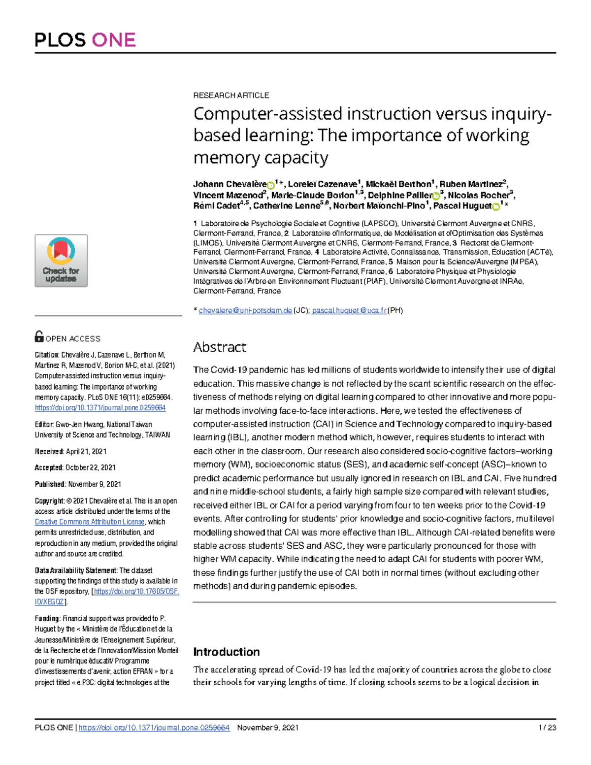 PLOS ONE Research Article: CAI vs IBL in Science Education and WM ...