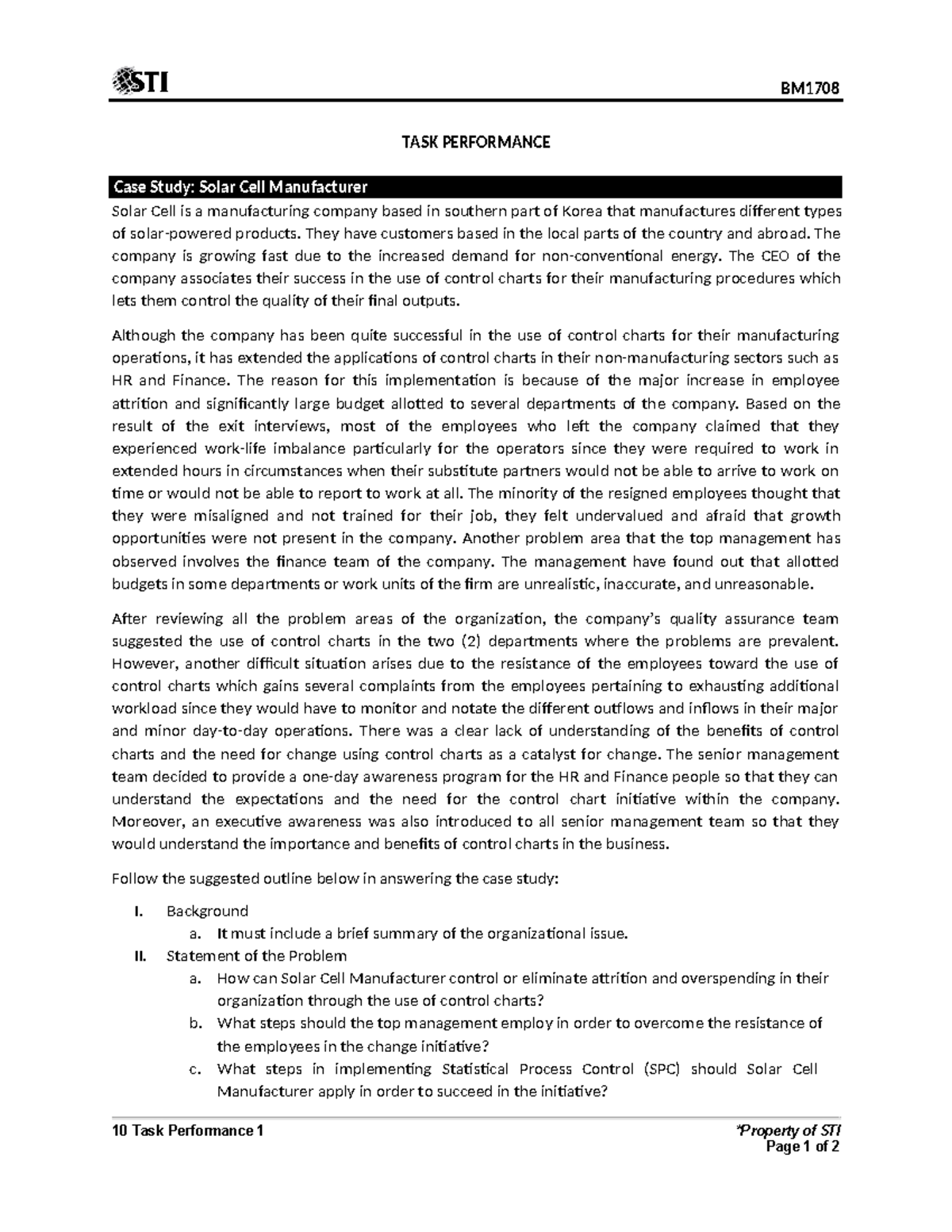 BM 10 Task Performance 1 - Case Study on Control Charts in Manufacturing - Studocu