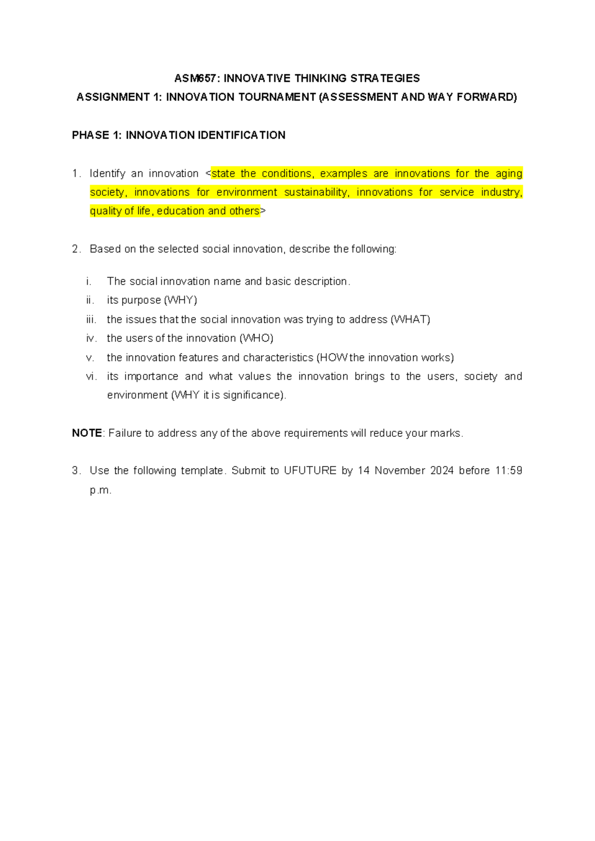 ASM657 Assignment 1: Innovation Tournament Overview and Guide - Studocu