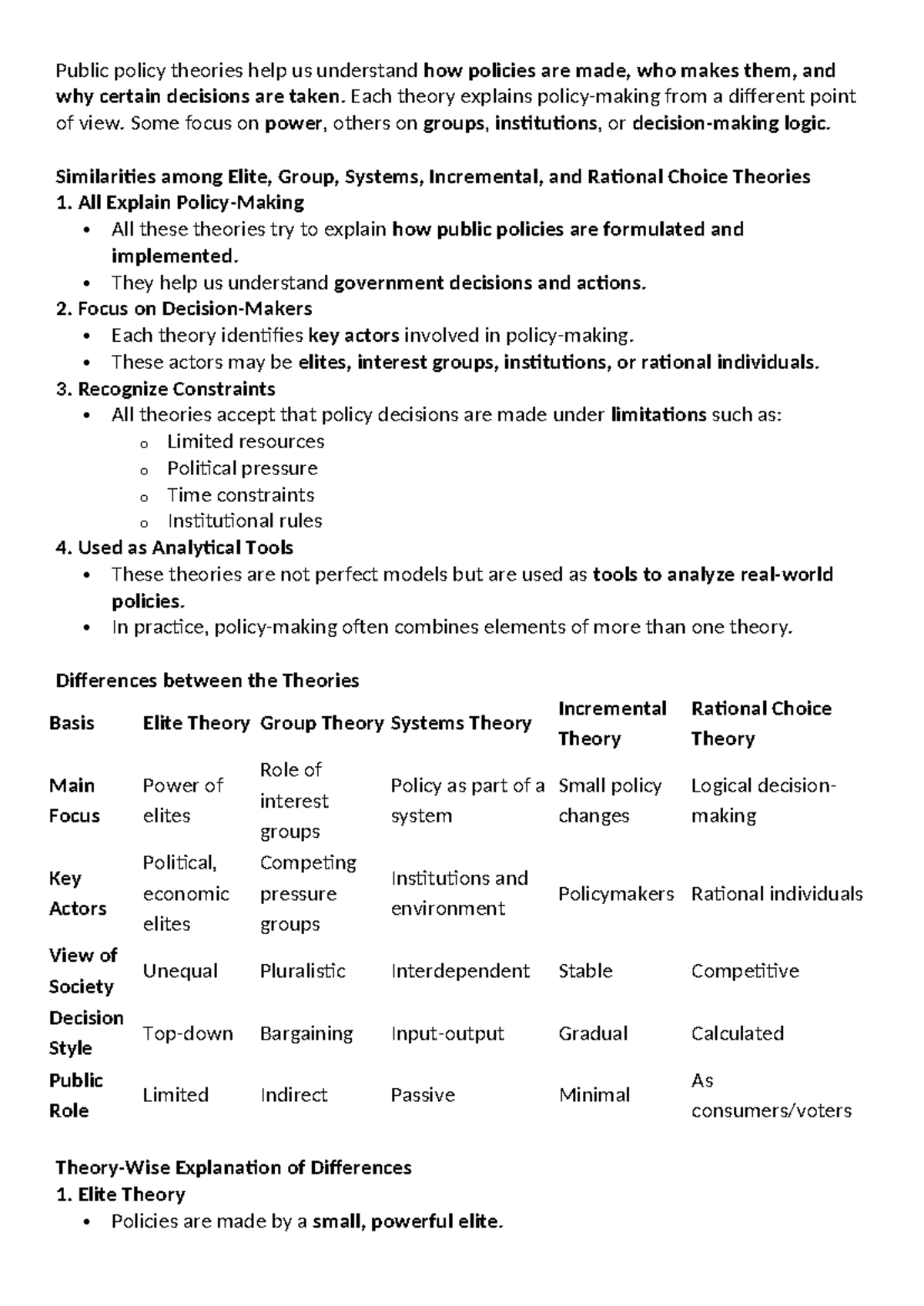 Approaches to Public Policy: Theories and Their Implications - Studocu
