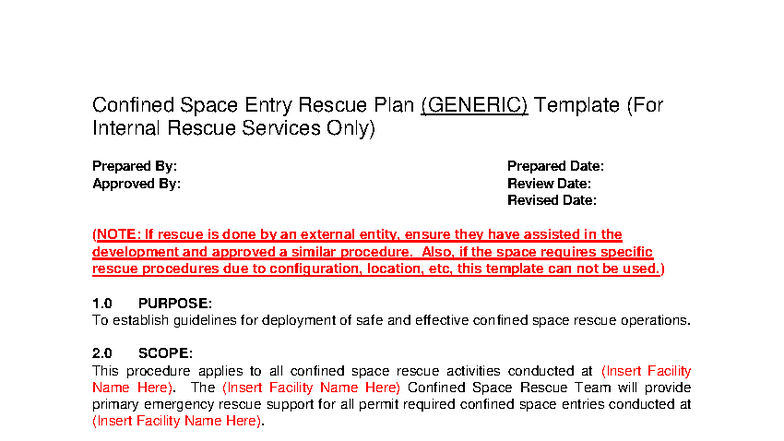 Confined Space Generic Rescue Plan Template - Confined Space Entry ...