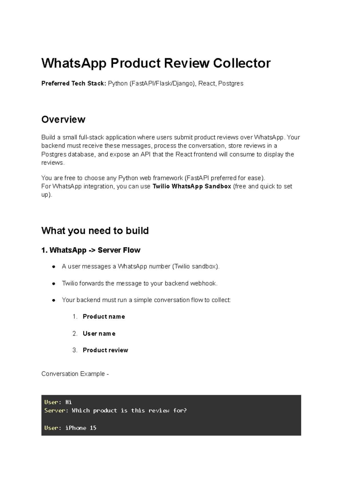 SDE Assignment: WhatsApp Product Review Collector Tech Stack - Studocu