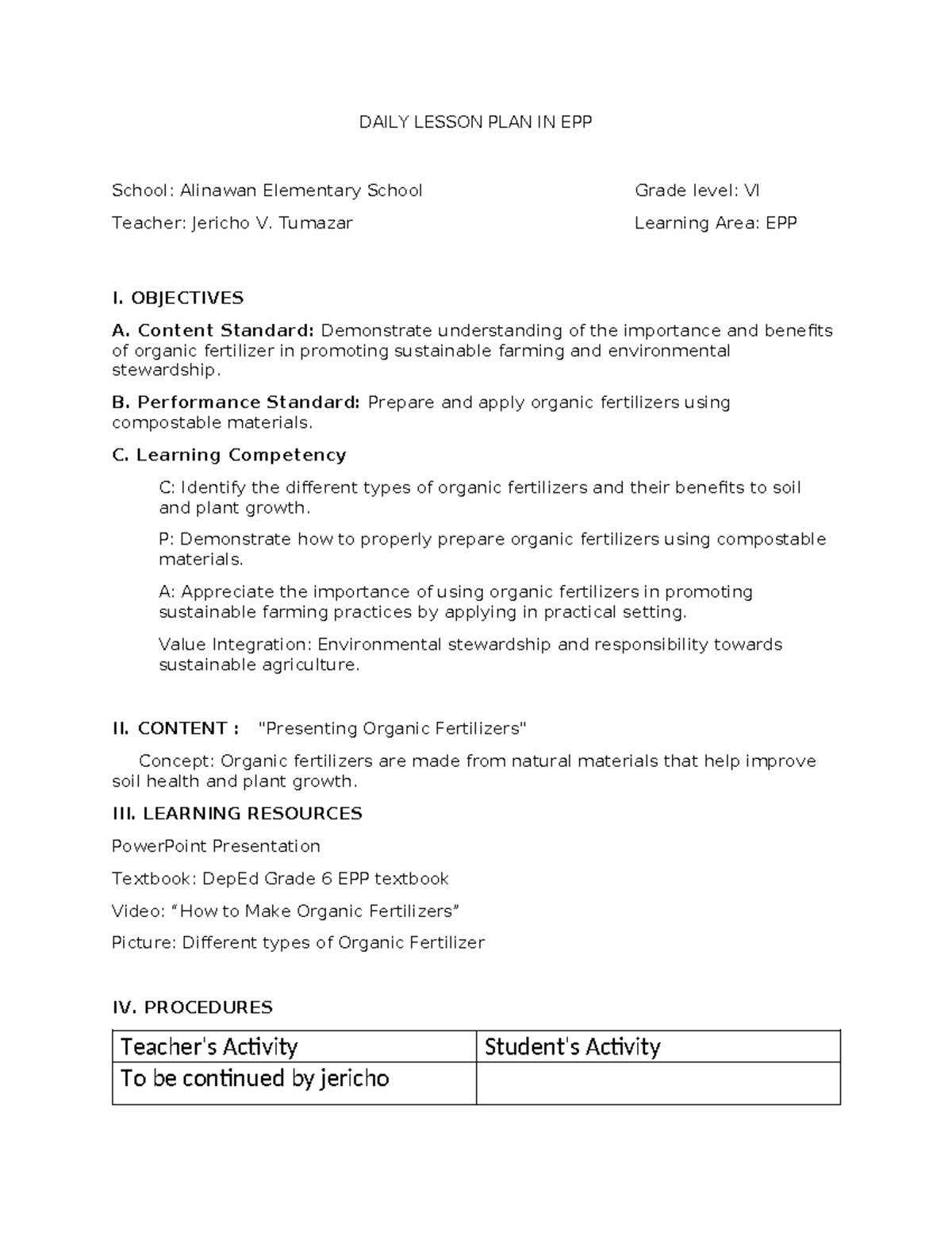 Daily Lesson Plan in EPP 6 - DAILY LESSON PLAN IN EPP School: Alinawan ...