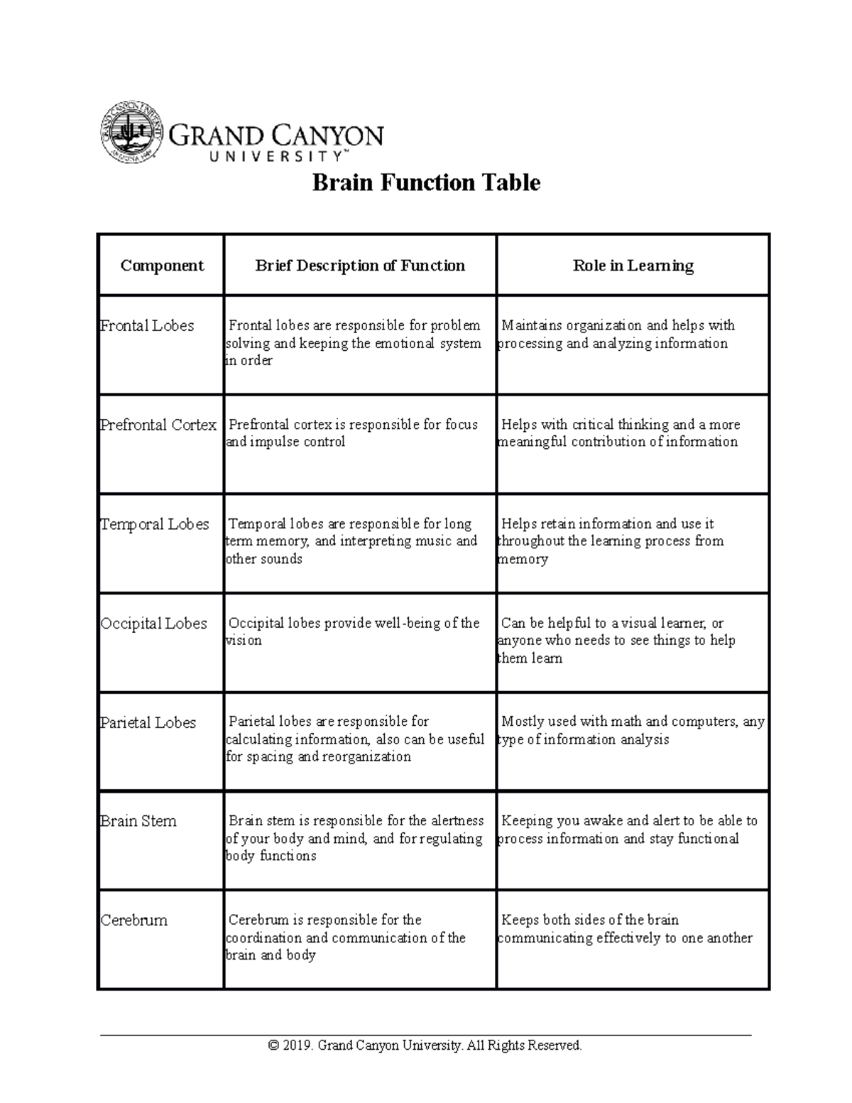 Brain Function Table - Brain Function Table Component Brief Description ...
