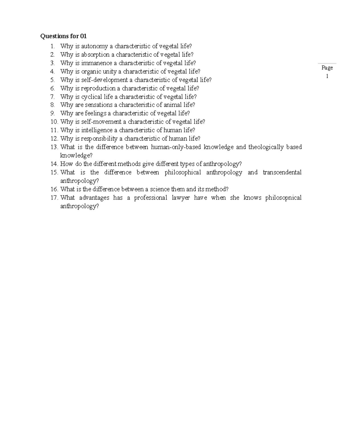 Philosophical Anthropology Questions for 01: Key Concepts and ...