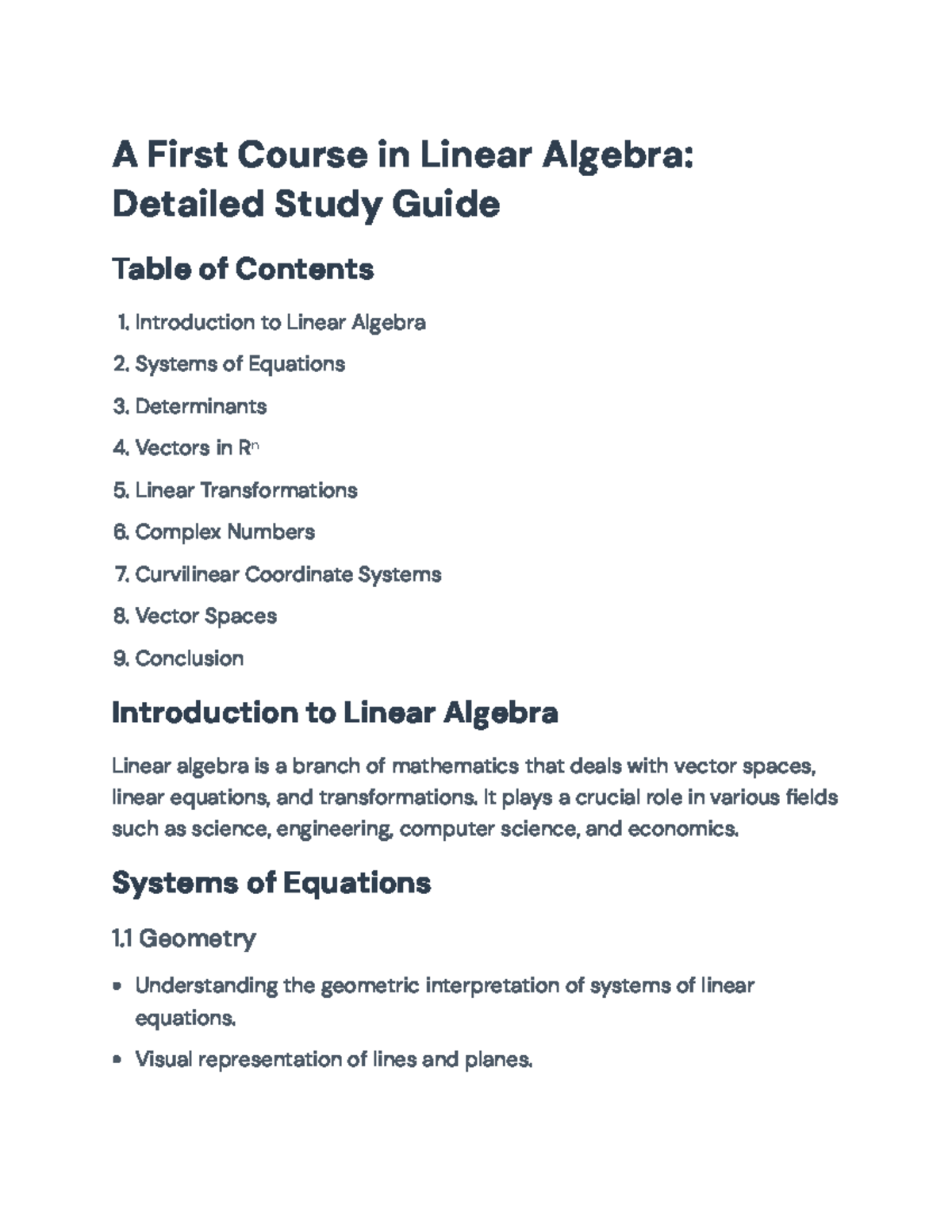 A First Course in Linear Algebra (MATH 101): Comprehensive Study Guide ...