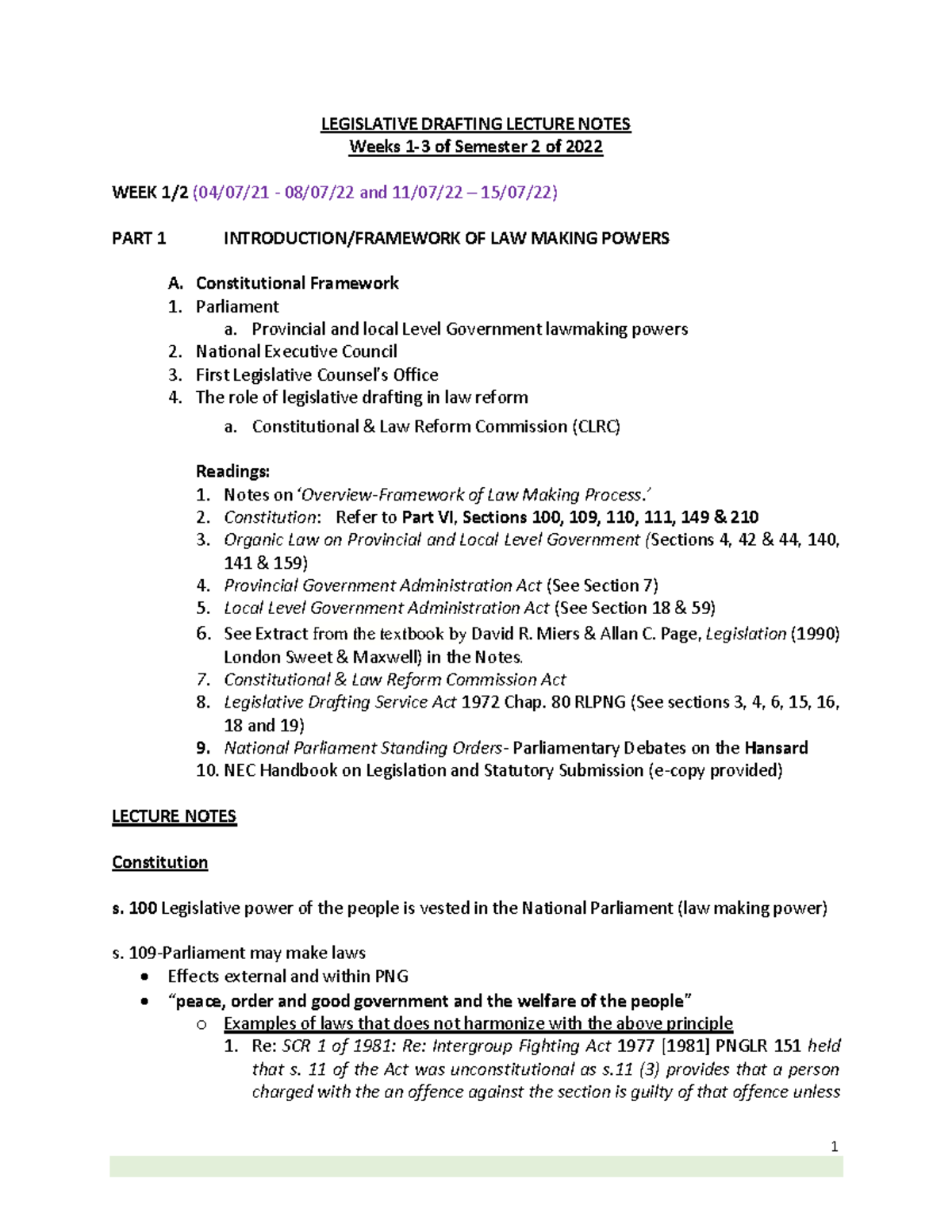 Legislative Drafting Notes & Readings - Week 1 Overview (2022) - Studocu