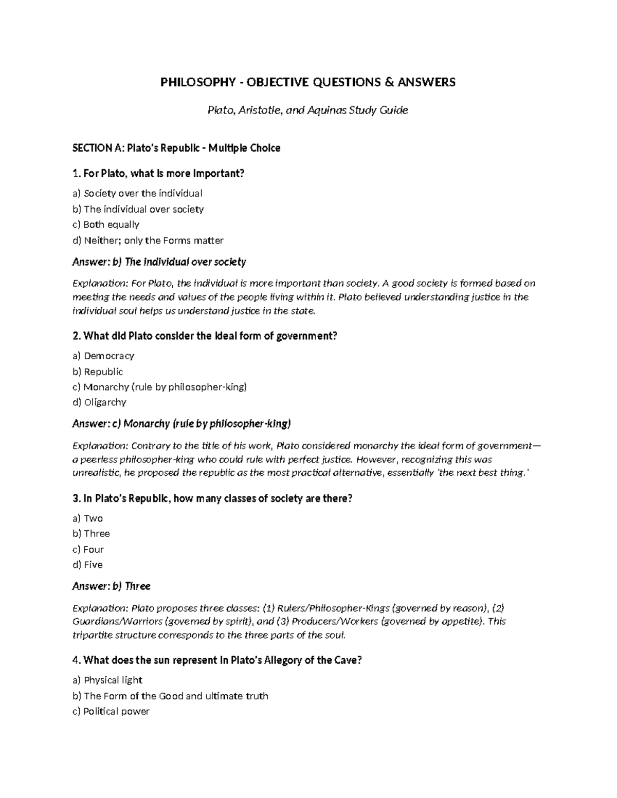 PHIL 101 Final Exam Study Guide: Objective Q&A on Plato, Aristotle ...