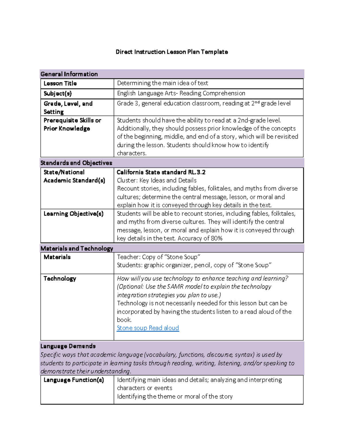 Direct Instruction Lesson Plan: Reading Comprehension for Grade 3 - Studocu