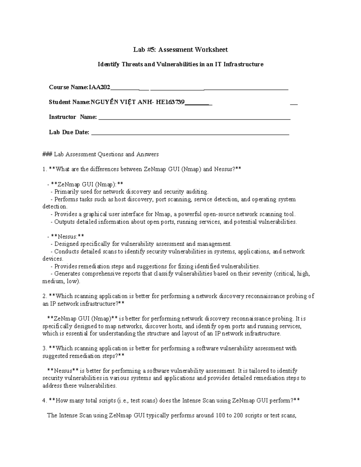 IAA202 - Lab 5: Threats & Vulnerabilities Assessment - Nguyễn Việt Anh - Studocu