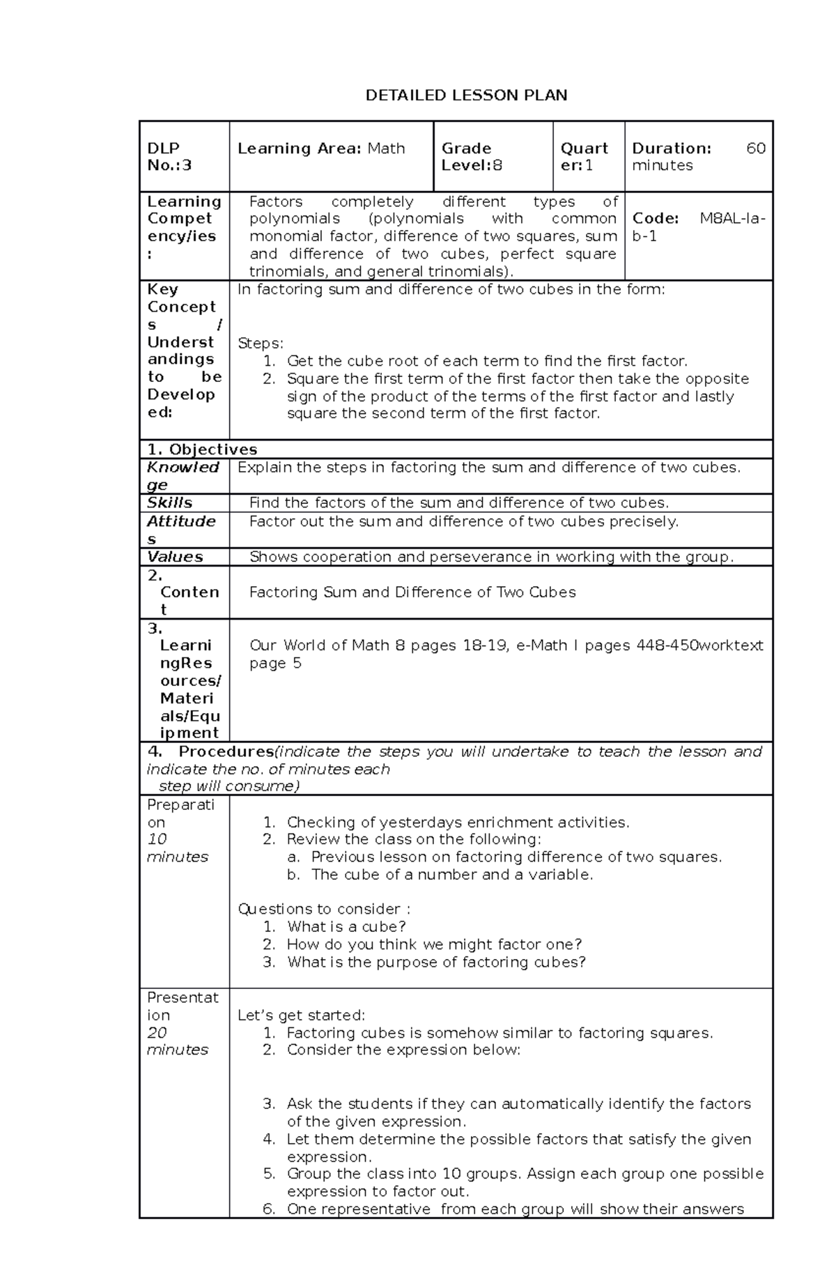 M8Q1 - Detailed Lesson Plan on Factoring Sum & Difference of Two Cubes ...