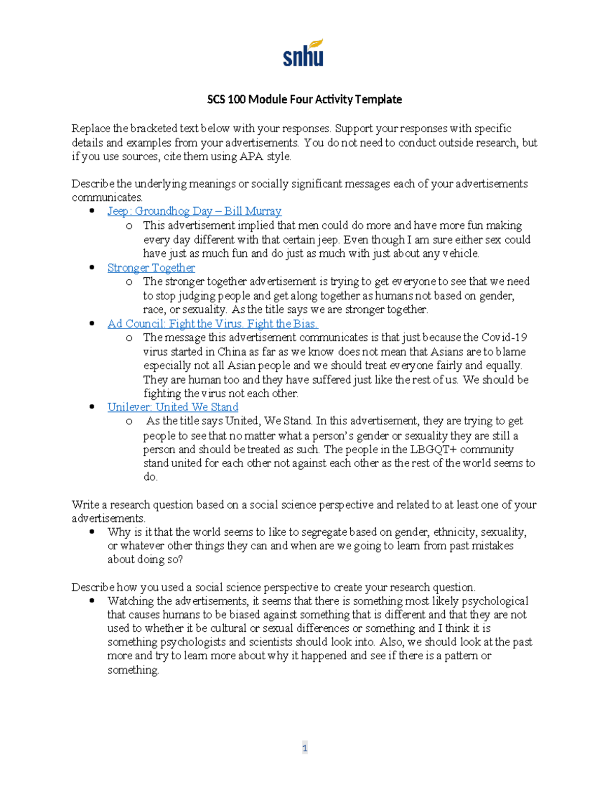 SCS-100 Module 4-2 Activity - SCS 100 Module Four Activity Template Replace the bracketed text ...
