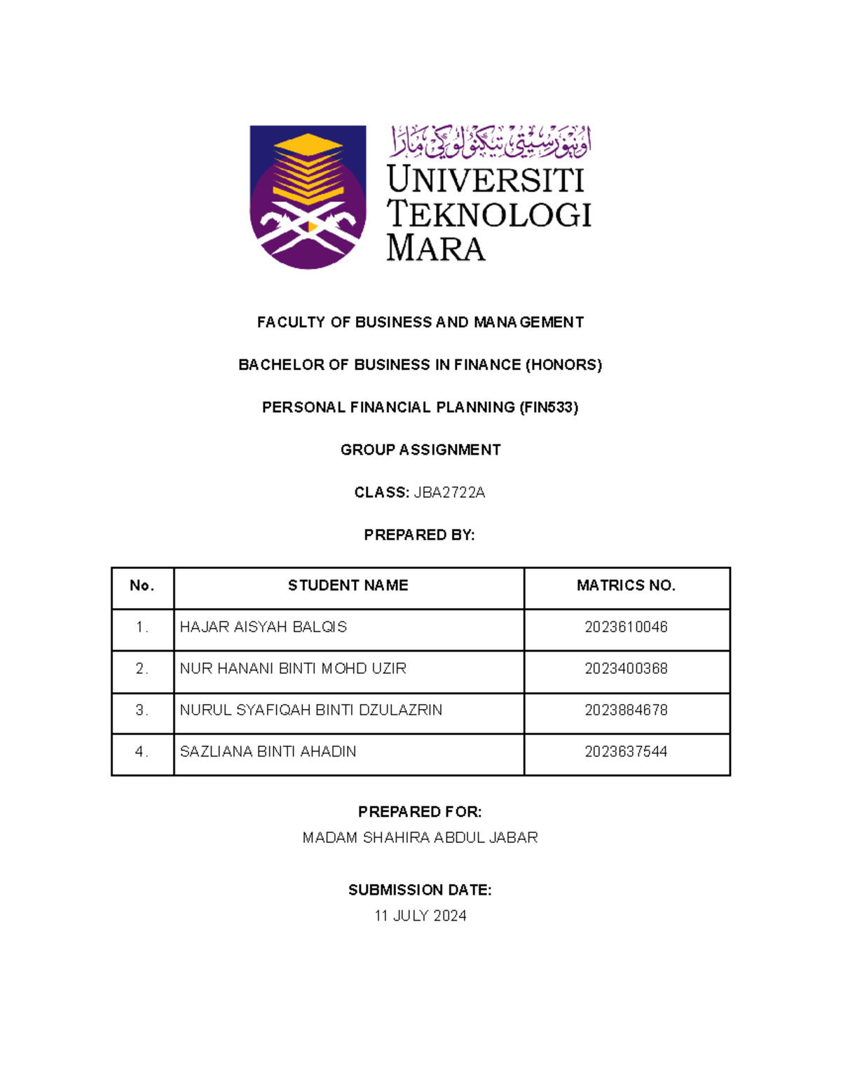 FIN533 Group Assignment: Analysis of Personal Financial Planning Issues ...