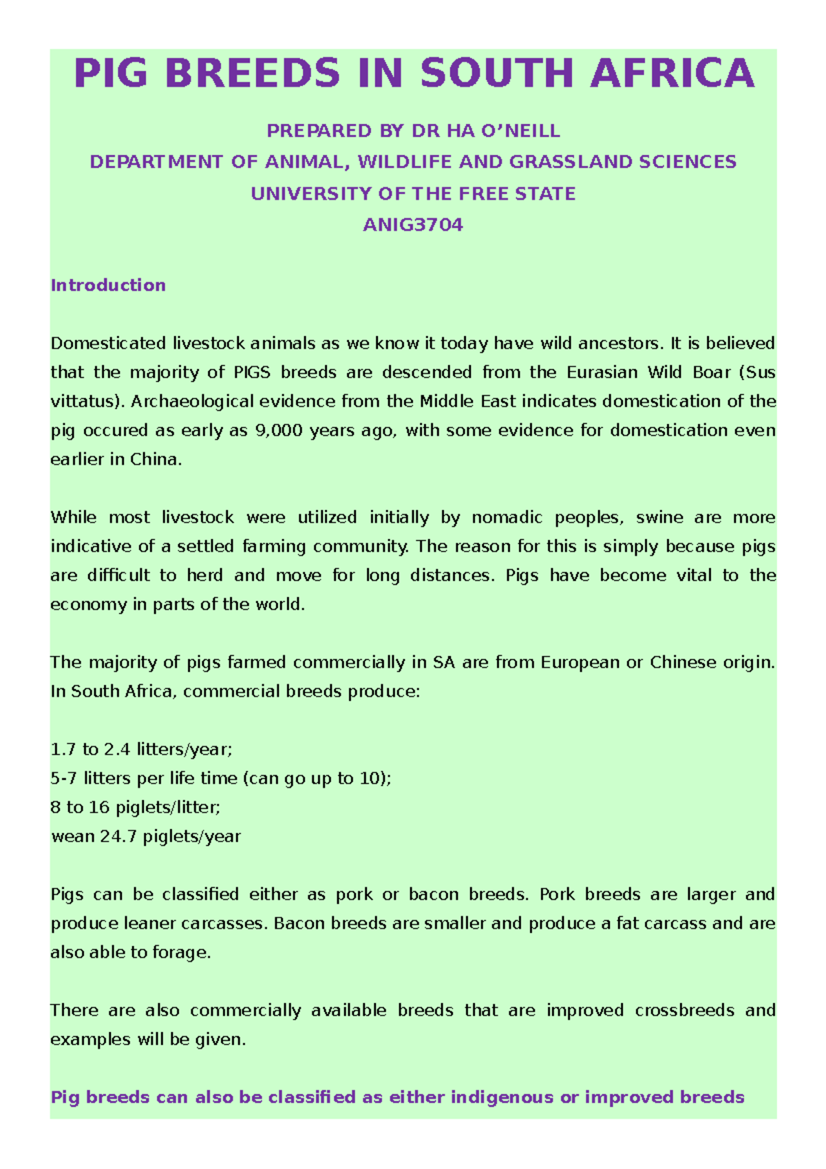 PIG Breeds IN South Africa - PIG BREEDS IN SOUTH AFRICA PREPARED BY DR HA O’NEILL DEPARTMENT OF ...