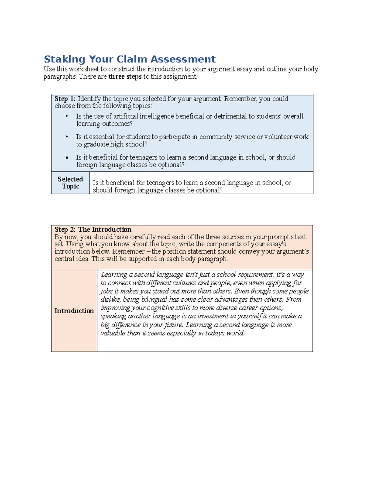 04 04 Staking Your Claim: Argument Essay Outline & Intro Guide - Studocu