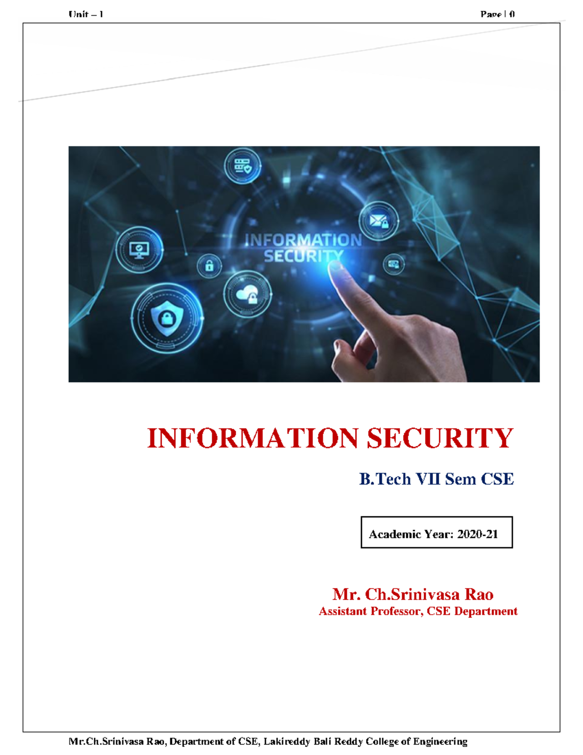 IS B.Tech VII Sem CSE Unit 1: Introduction to Information Security ...