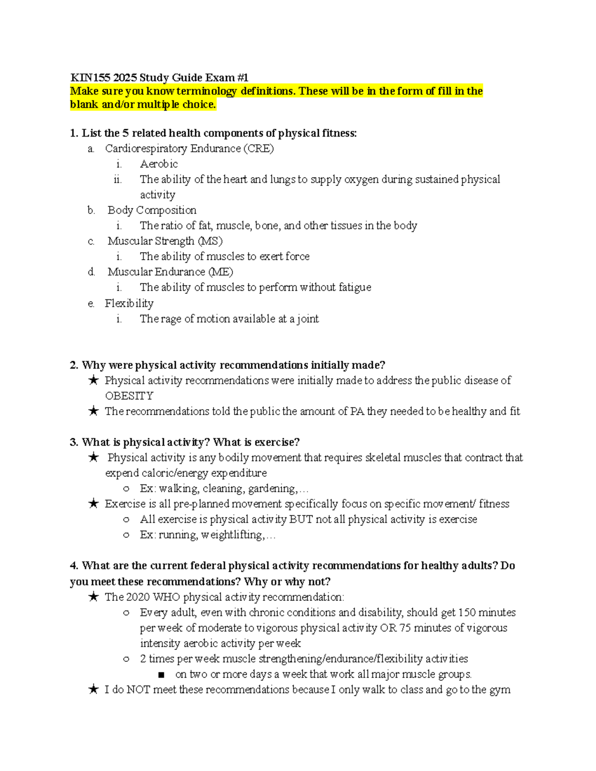 KIN155 - Study Guide for Exam 1 - KIN155 2025 Study Guide Exam # Make ...