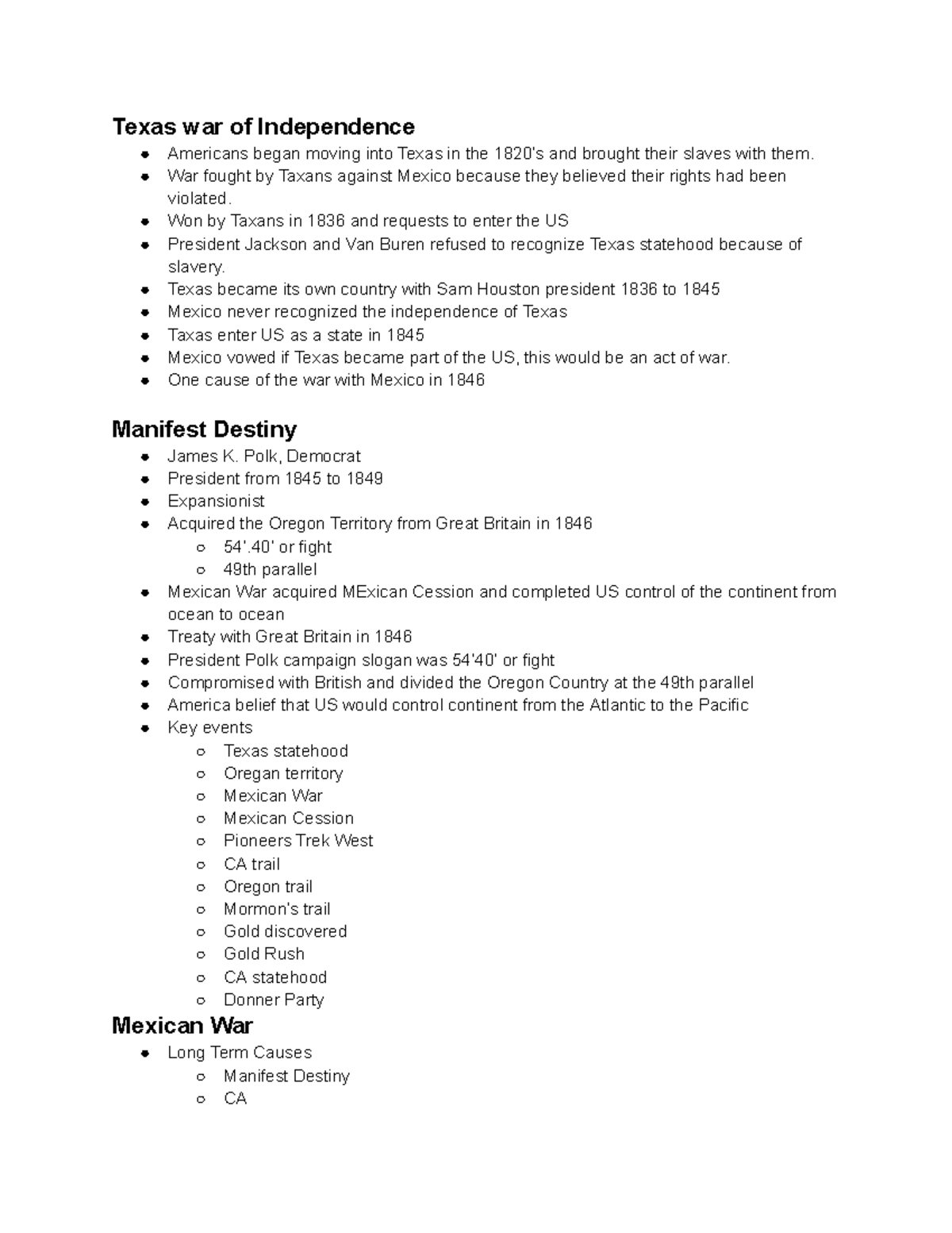 Chapter 13: Texas Independence & Manifest Destiny Summary Notes - Studocu