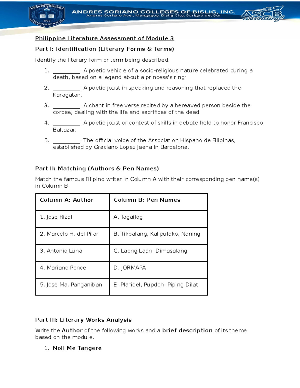 Philippine Literature Assessment: Module 3 Overview and Activities ...