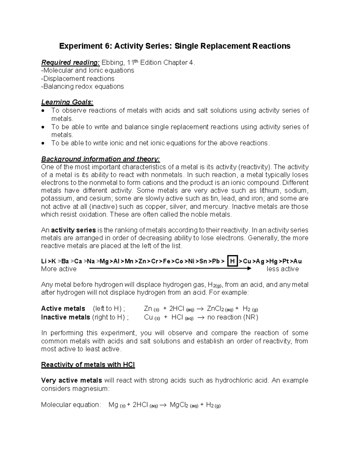 Experiment 6 - Activity Series: Single Replacement Reactions Guide ...