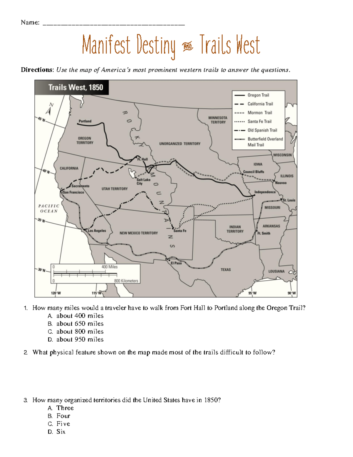 Manifest Destiny: Exploring Trails West - Quiz & Map Analysis - Name ...