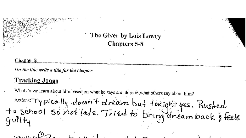 Giver (ENG 101) Chapter 5 Notes: Tracking Jonas and His Dreams - Studocu