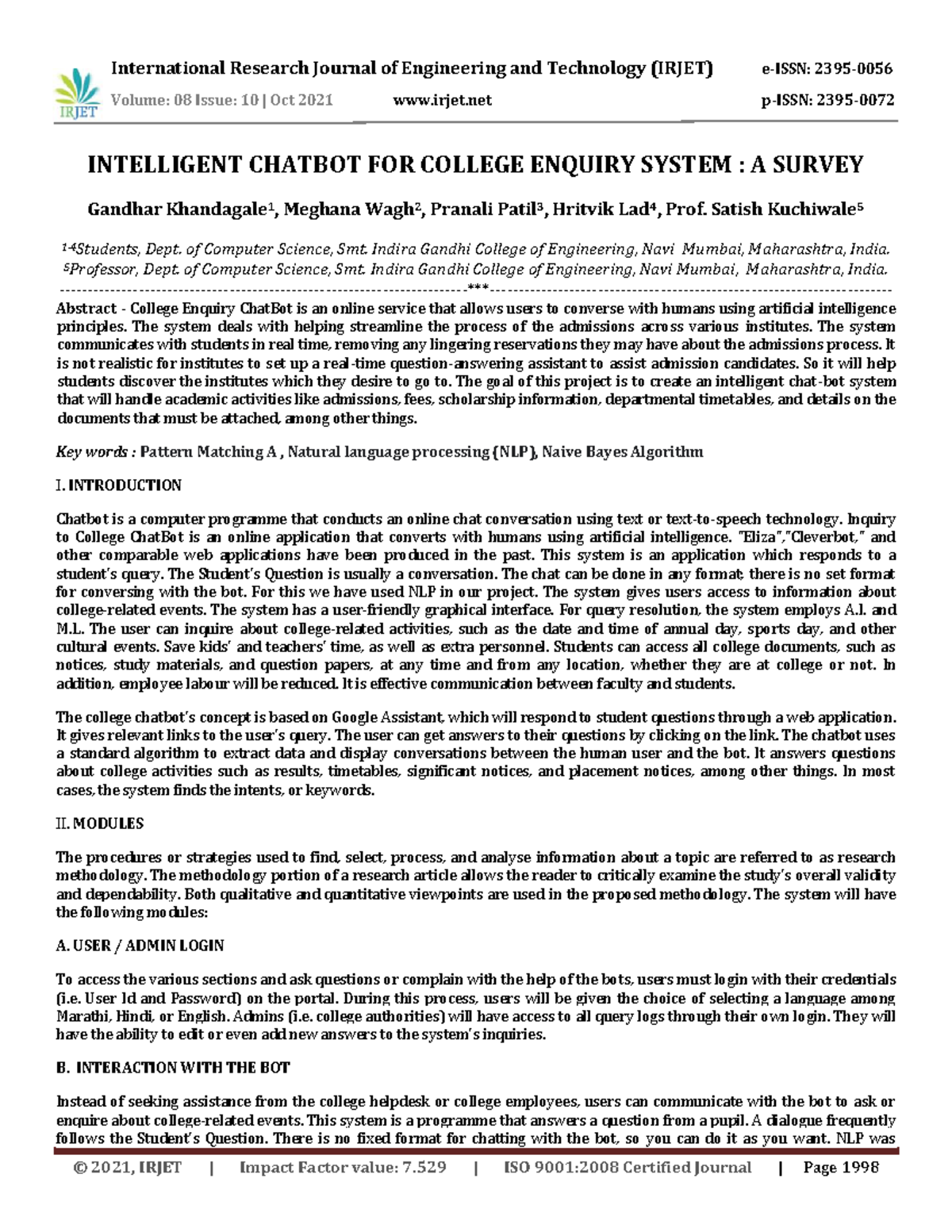 Intelligent Chatbot for College Enquiry System: A Survey (IRJET V8I10 ...