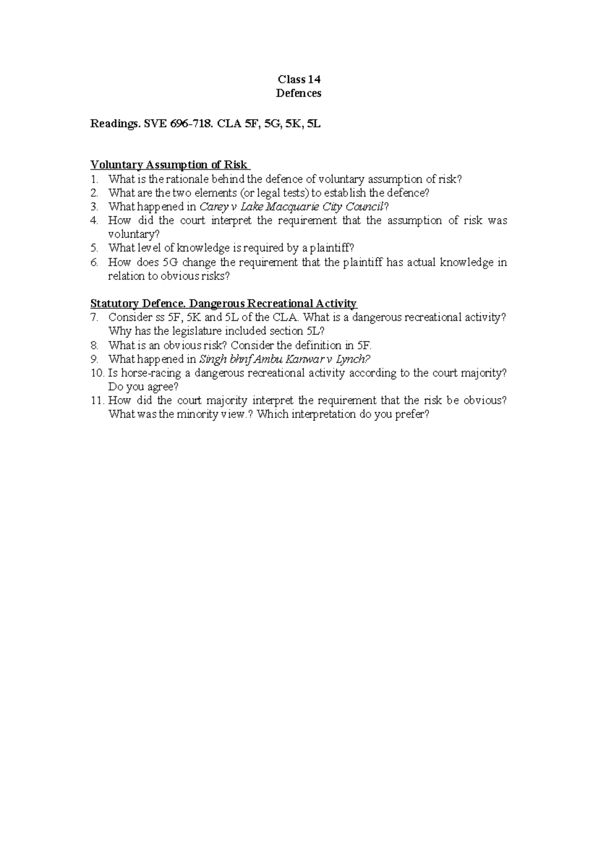Week 8 Class 14 Defences (D2) - Class 14 Defences Readings. SVE 696-718 ...