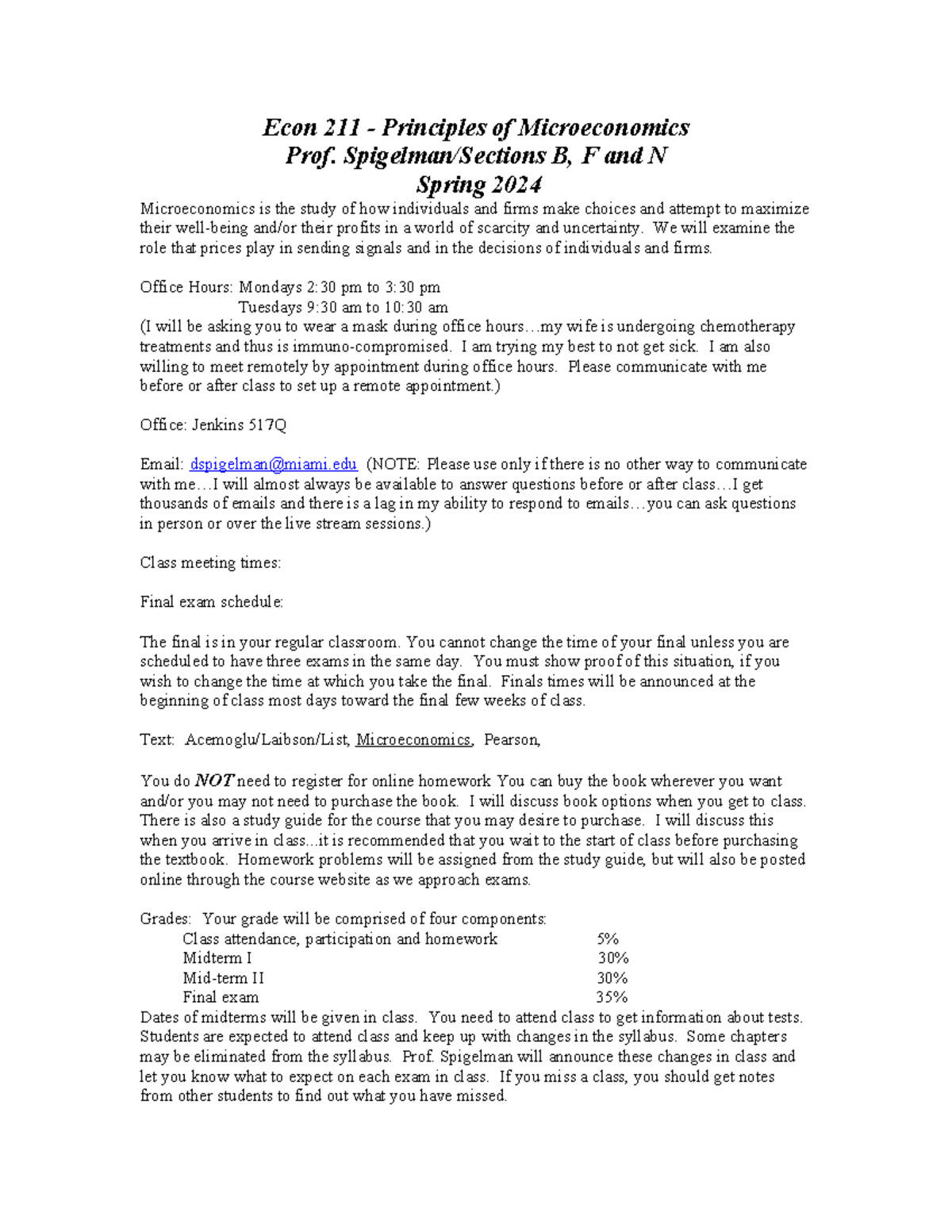ECO 211 Syllabus - Principles of Microeconomics Spring 2024 - Studocu