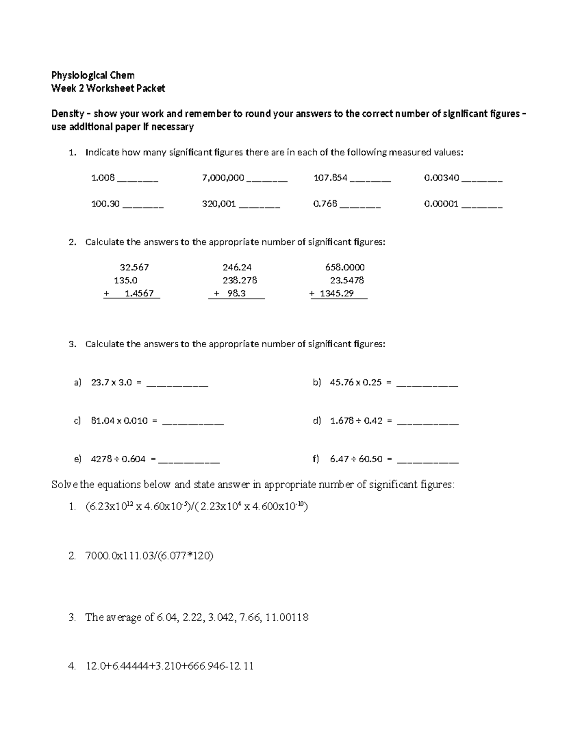 Physiological Chem (Week 2) Worksheet: Density Calculations - Studocu
