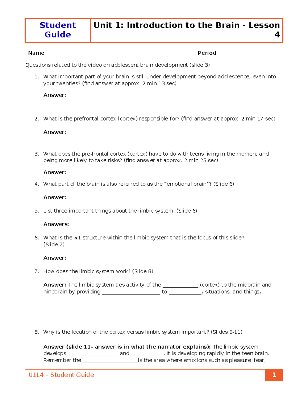 U1L4 Student Guide: Key Questions for Brain Development Test Prep - Studocu