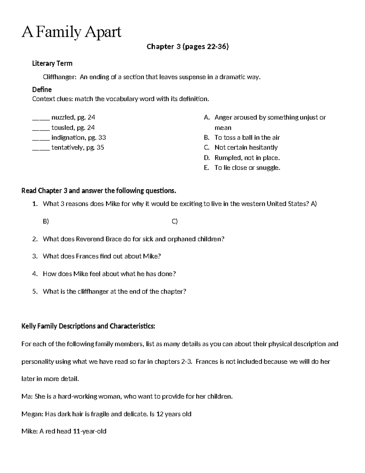A Family Apart ch 3 Worksheet - A Family Apart Chapter 3 (pages 22-36 ...