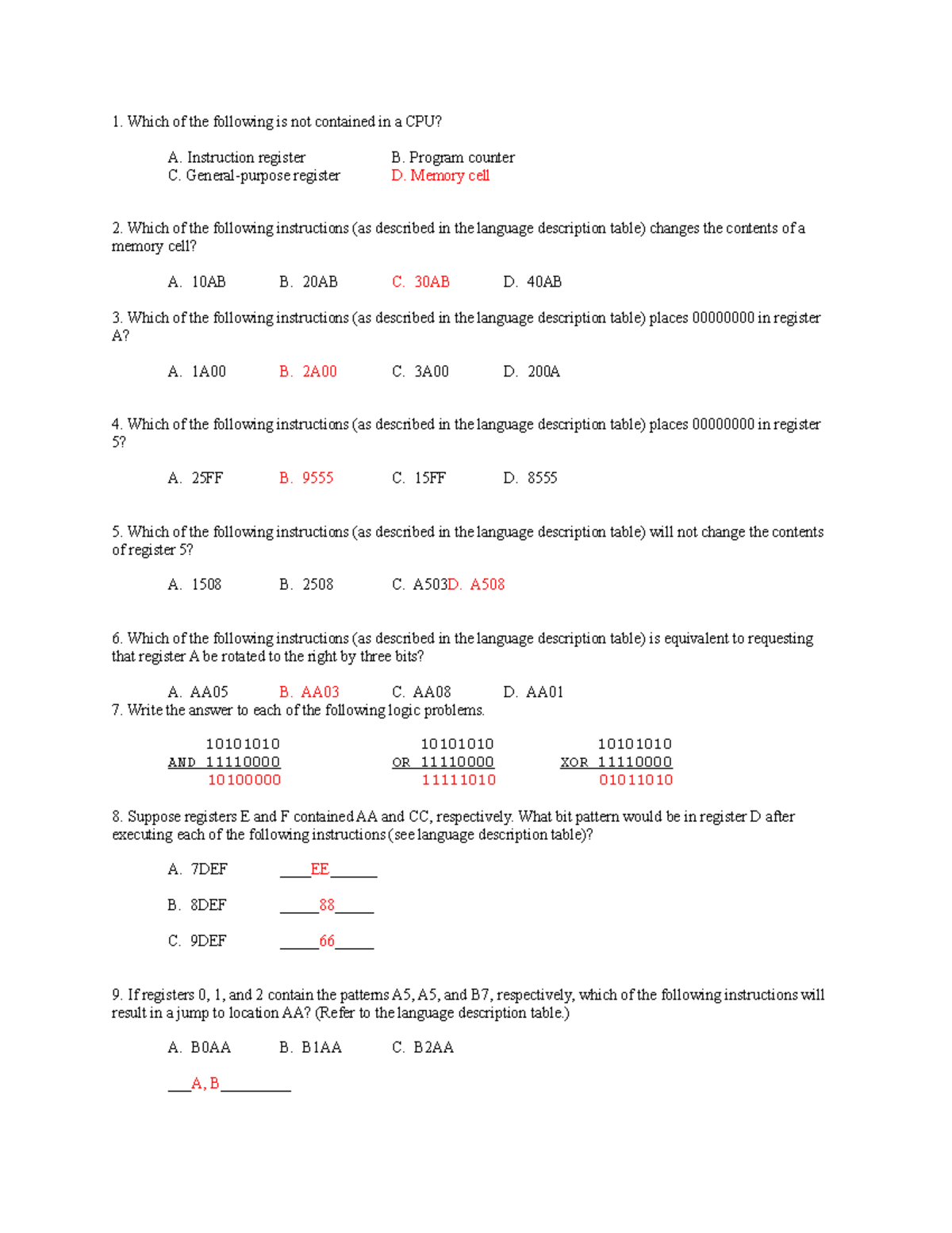 Baitap CCC - CPU Instructions & Logic Problems Summary - Studocu