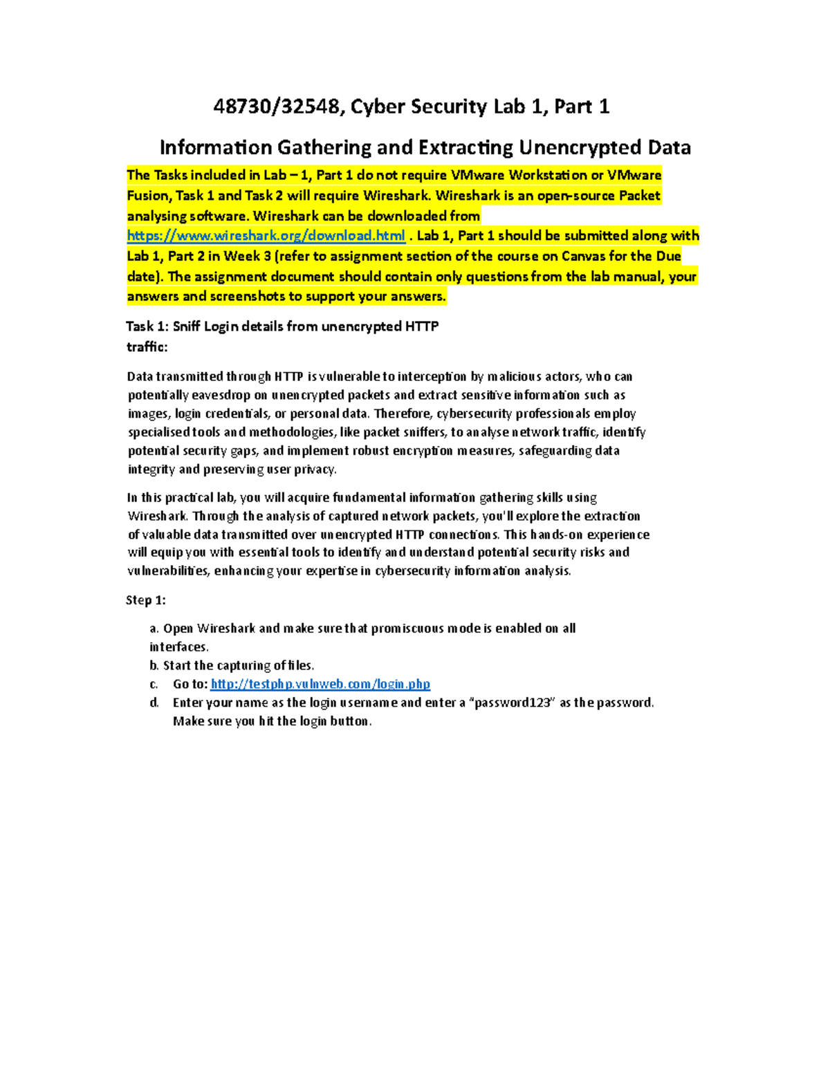 Cybersec 48730/32548 - Lab 1, Part 1: Info Gathering via Wireshark - Studocu