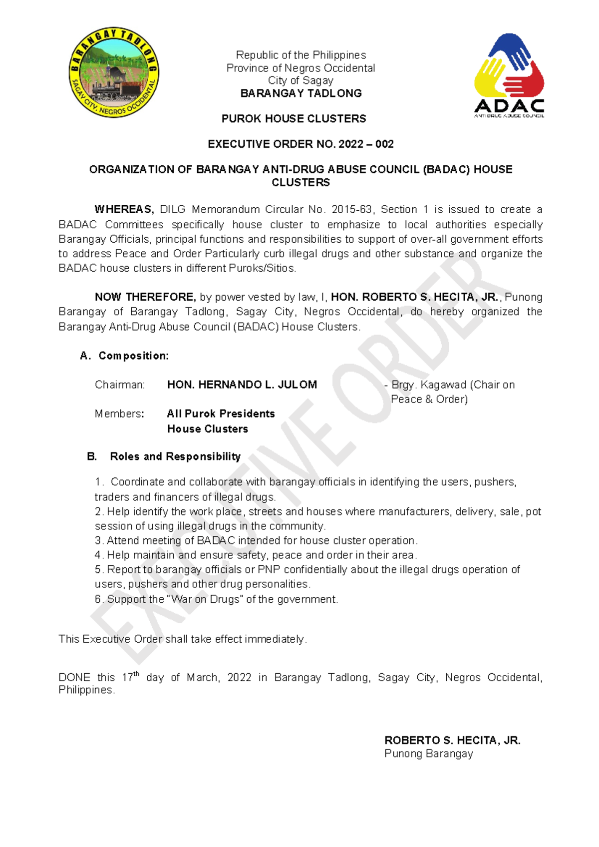 Executive Order No. 2022-002: BADAC House Clusters Organization and ...
