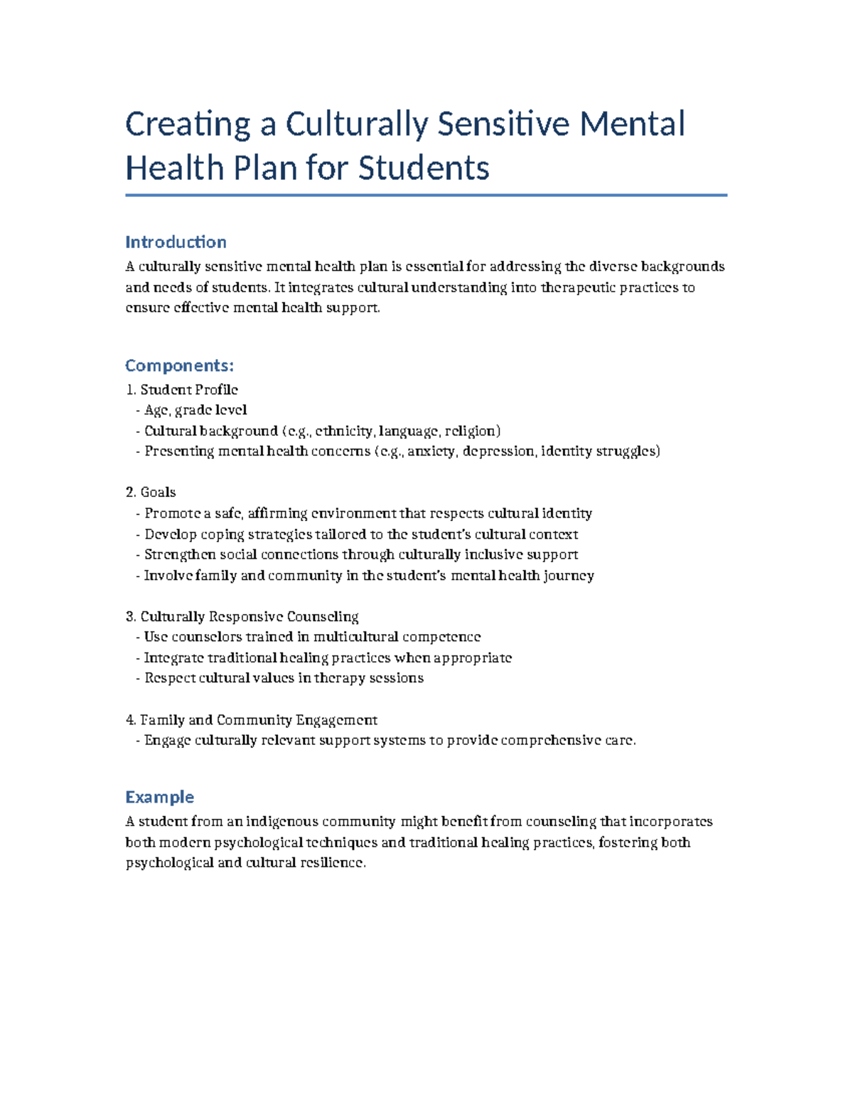 Culturally Sensitive Mental Health Plan for Students: A Comprehensive ...