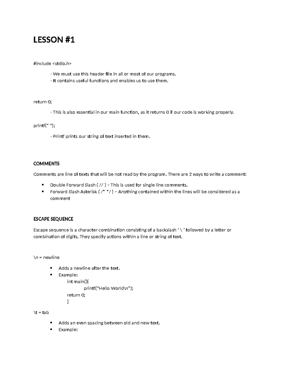 C Programming Lessons: Essential Concepts and Functions Overview - Studocu