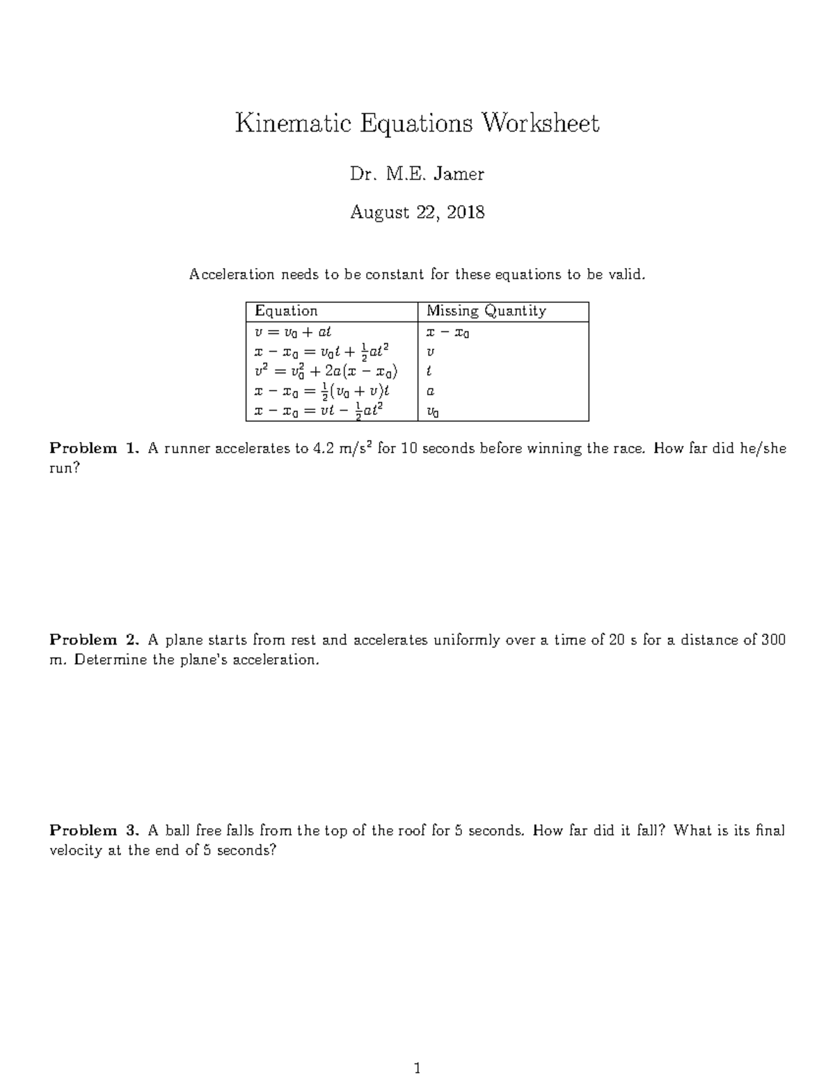 Kinematics Worksheet for Physics 101: Equations and Problems - Studocu