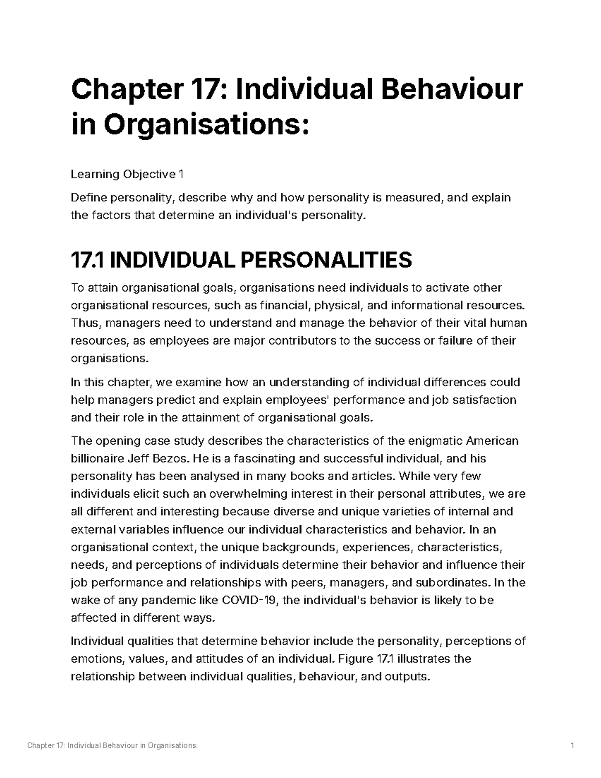Chapter 17: Individual Behaviour in Organisations - Understanding ...