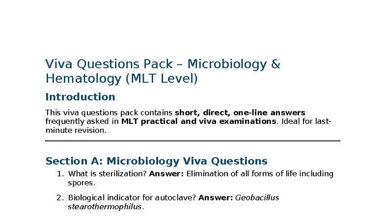 MLT Viva Questions – Microbiology & Hematology Quick Revision Pack ...