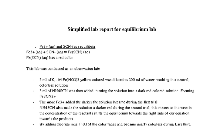 Lab Report: Equilibrium Observations in Fe(SCN) (aq) - Kemi 23 - Studocu