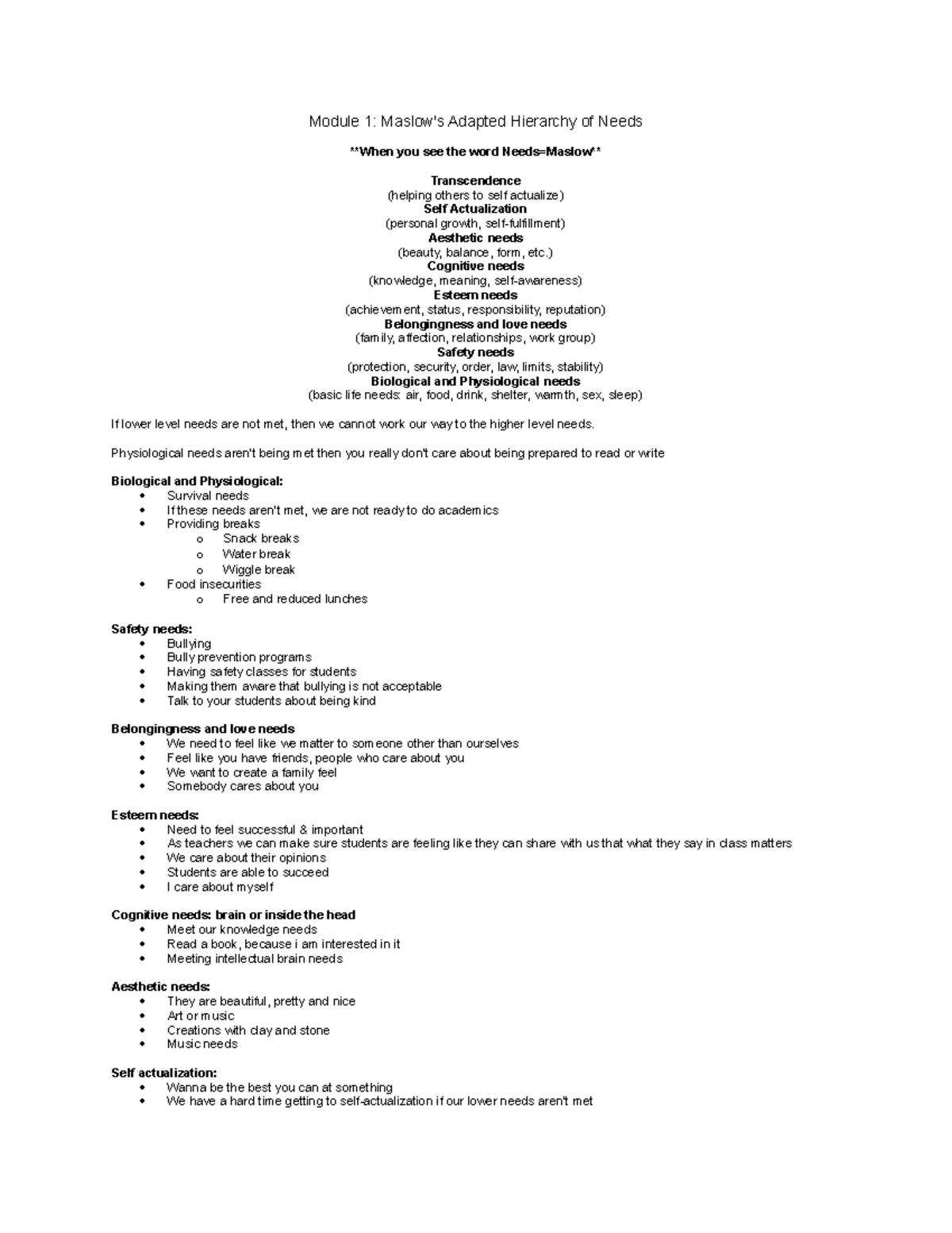 D094 Educational Psychology Review - Module 1: Maslow's Adapted ...