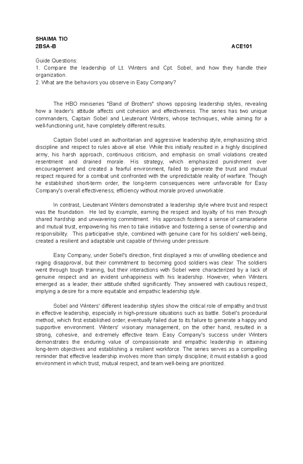 BSA 2B - "Band of Brothers" Leadership Styles Reflection Paper - Studocu