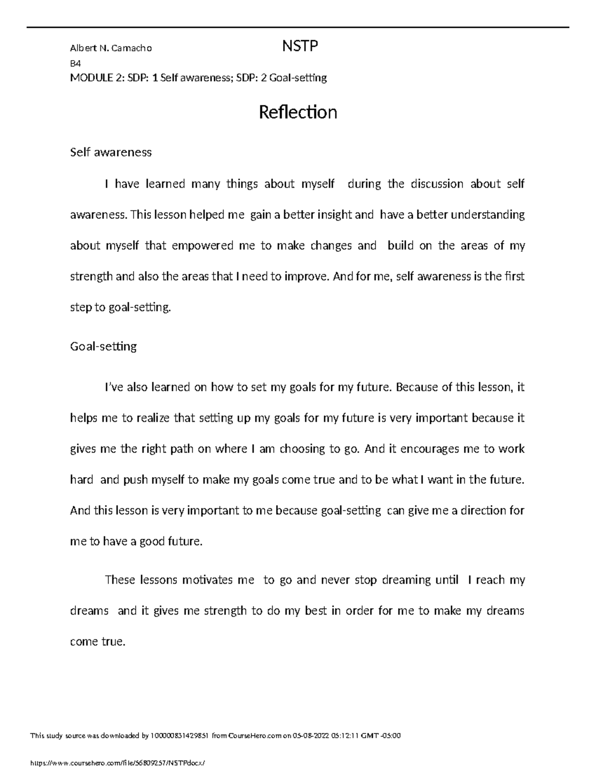 NSTP - nstp reflections - MODULE 2: SDP: 1 Self awareness; SDP: 2 Goal ...