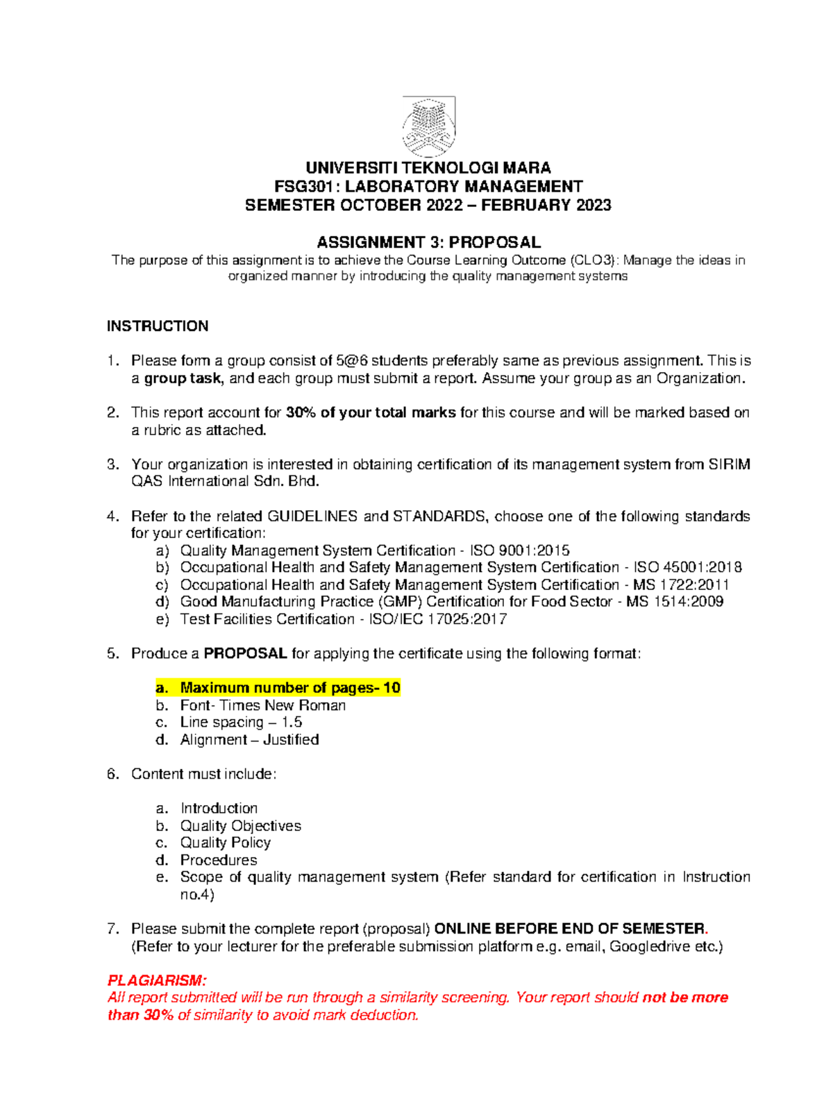 FSG301 Assignment 3: Proposal for Quality Management Certification ...