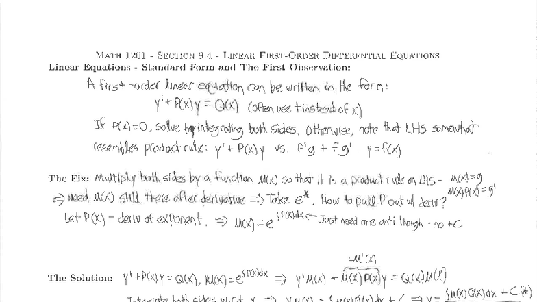 MATH 1201 SECTION 9.4: Solving Linear Differential Equations - Studocu