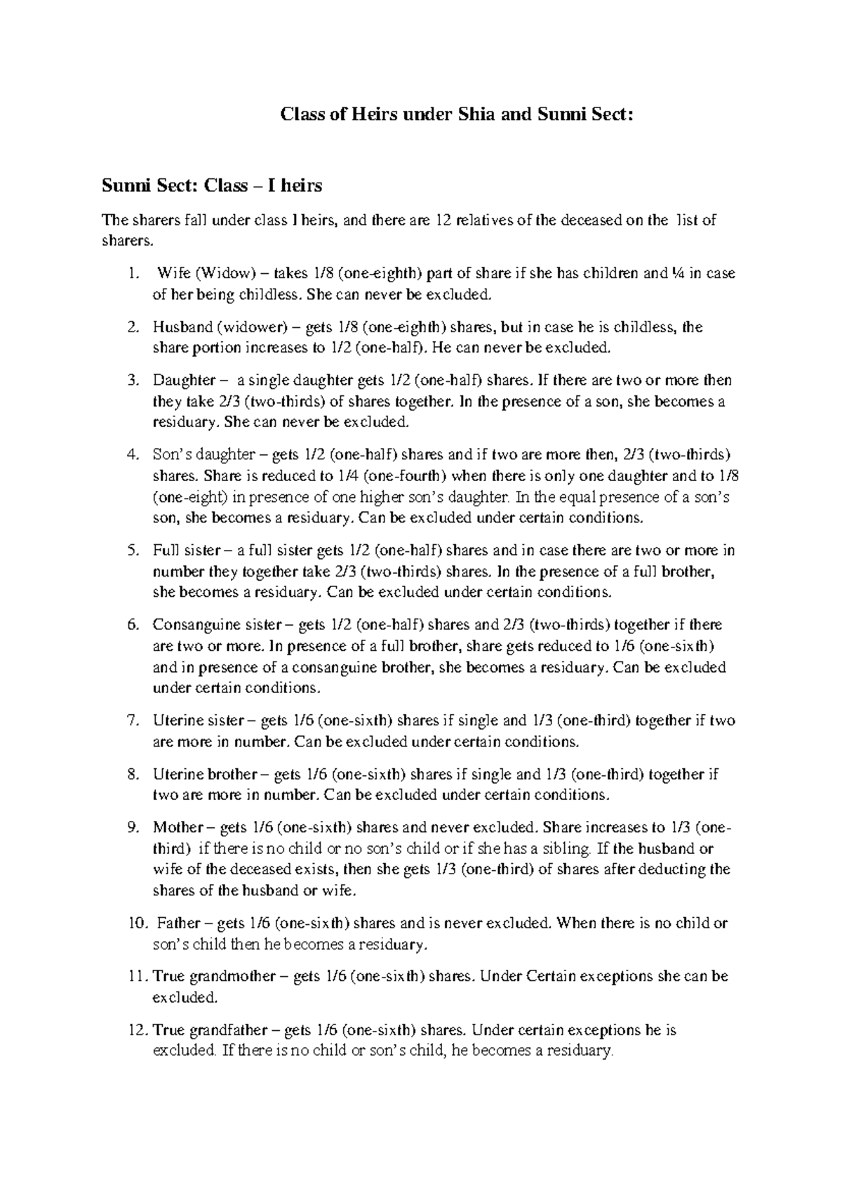 Class of Heirs under Shia and Sunni Sect: Class I Heirs Explained - Studocu