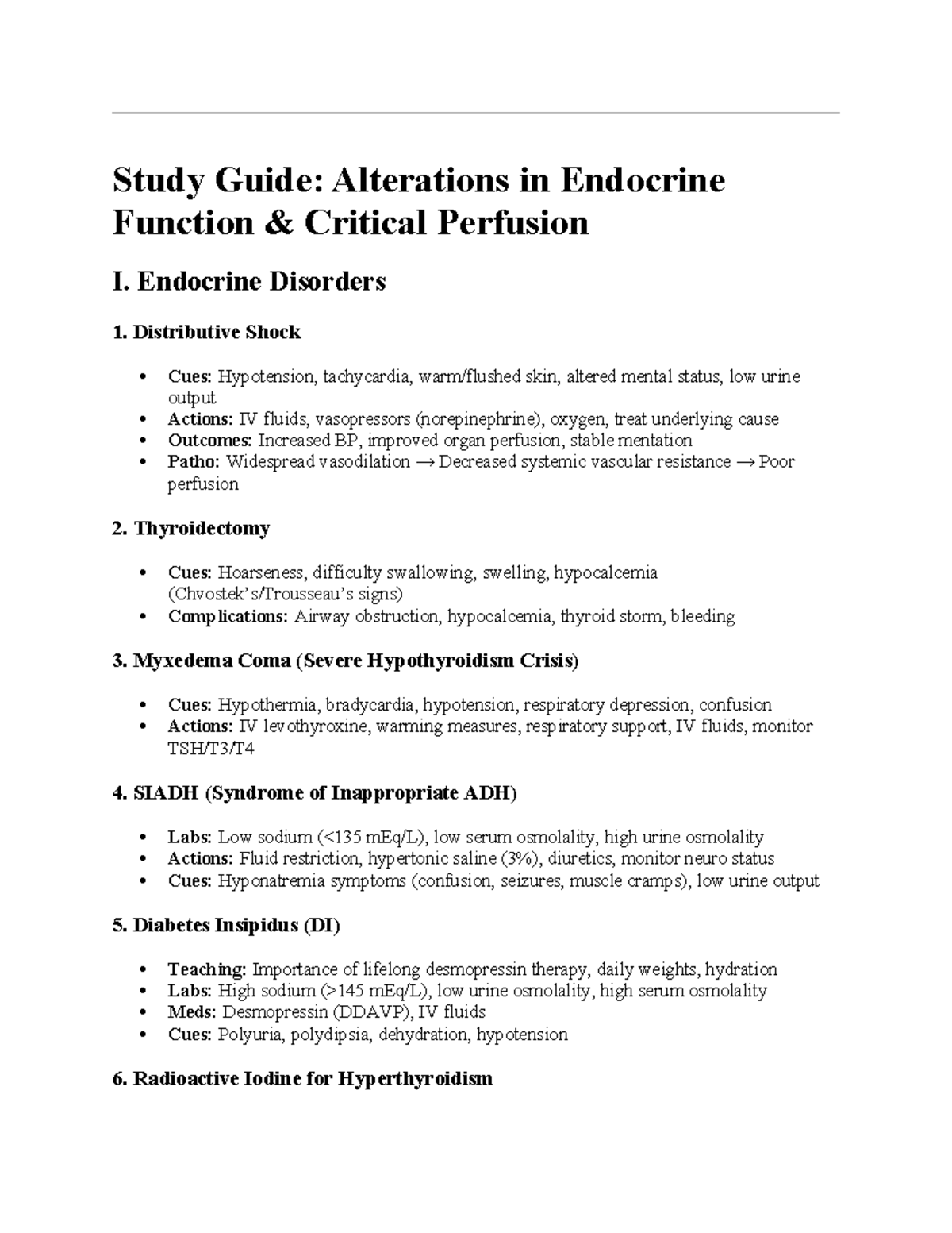 Study Guide: Endocrine Disorders & Shock Management (Critical Perfusion ...